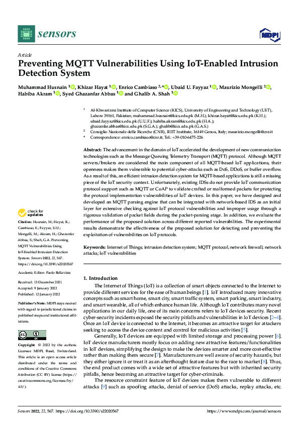 Pdf Preventing Mqtt Vulnerabilities Using Iot Enabled Intrusion