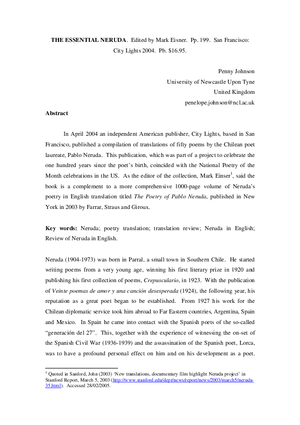 (PDF) THE ESSENTIAL NERUDA. Edited by Mark Eisner. Pp. 199. San ...