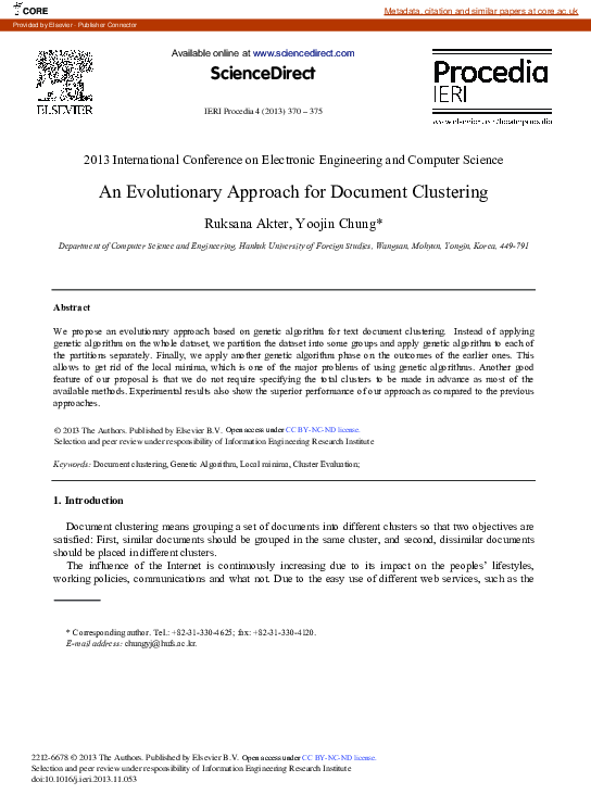 (PDF) An Evolutionary Approach for Document Clustering