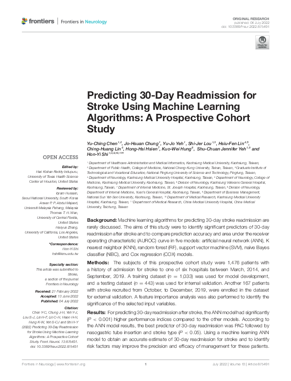 Pdf Predicting 30 Day Readmission For Stroke Using Machine Learning Algorithms A Prospective