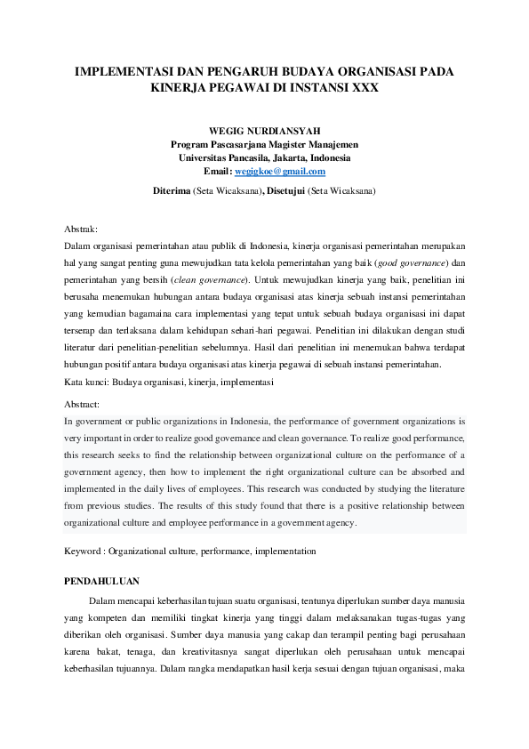 (PDF) IMPLEMENTASI DAN PENGARUH BUDAYA ORGANISASI PADA KINERJA PEGAWAI DI INSTANSI XXX