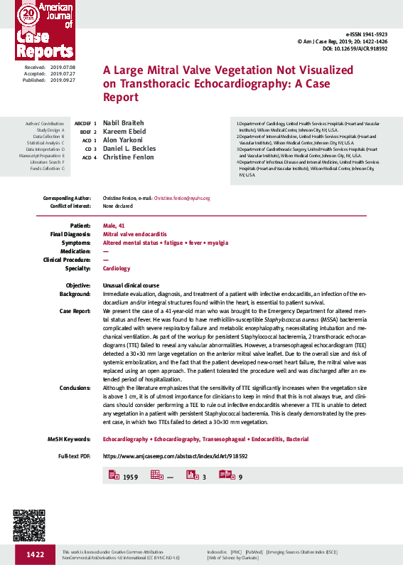 (PDF) A Large Mitral Valve Vegetation Not Visualized on Transthoracic ...