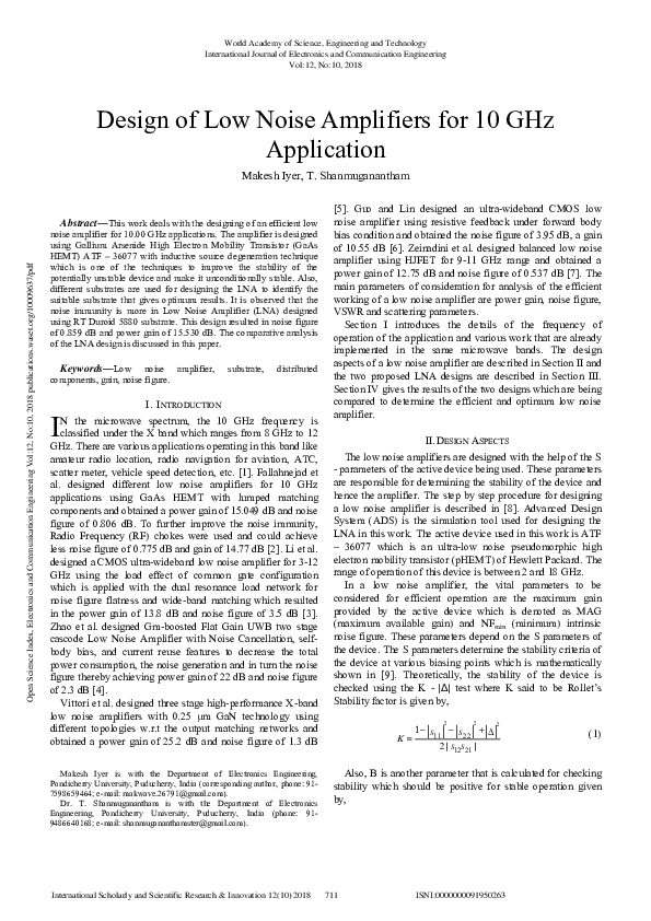 (PDF) Design Of Low Noise Amplifiers For 10 Ghz Application