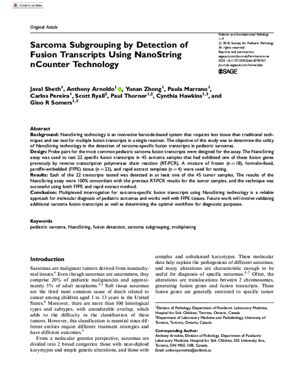 (PDF) Sarcoma Subgrouping by Detection of Fusion Transcripts Using NanoString nCounter Technology