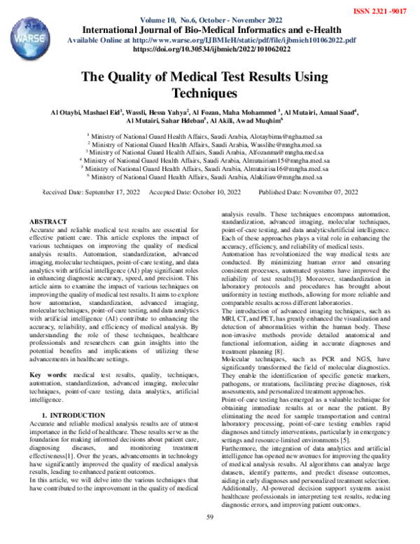 (PDF) The Quality of Medical Test Results Using Techniques