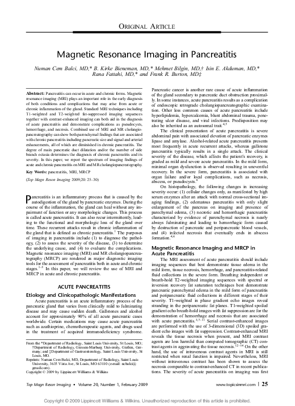 (PDF) Magnetic Resonance Imaging in Pancreatitis