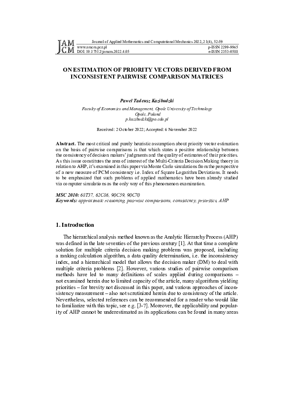 (PDF) On estimation of priority vectors derived from inconsistent ...