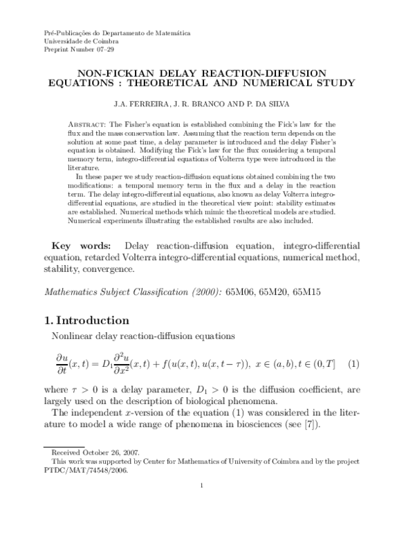 Pdf Non Fickian Delay Reaction Diffusion Equations Theoretical And