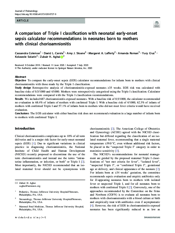 (PDF) A comparison of Triple I classification with neonatal early-onset ...