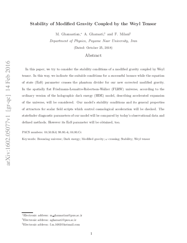 (PDF) Stability of Modified Gravity Coupled by the Weyl Tensor