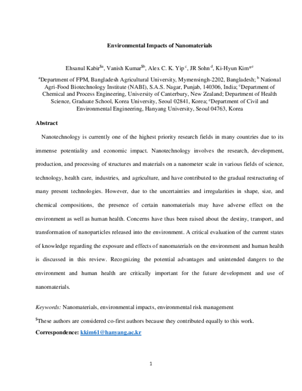 (PDF) Environmental impacts of nanomaterials