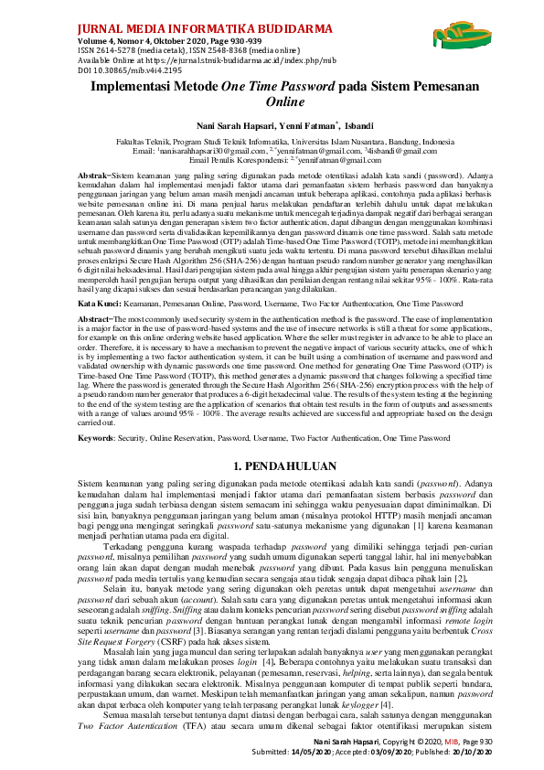 (PDF) Implementasi Metode One Time Password pada Sistem Pemesanan Online