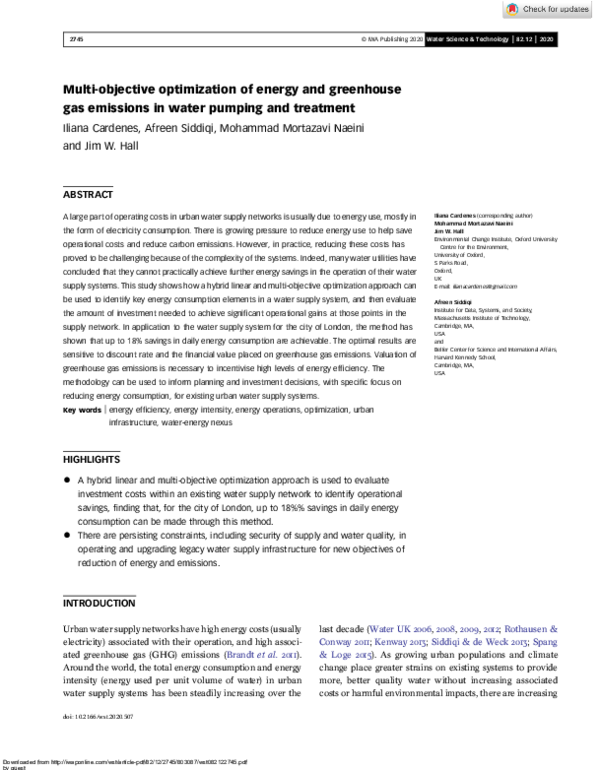 Pdf Optimizing Energy And Emissions In Water Supply Systems