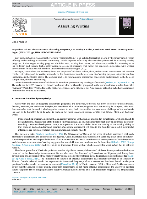 (PDF) Very Like a Whale: The Assessment of Writing Programs, E.M. White ...