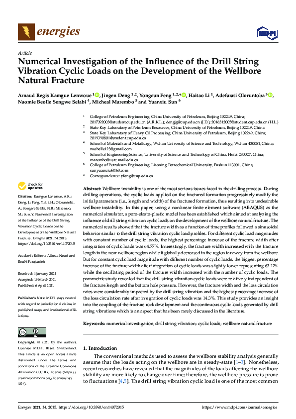 (PDF) Numerical Investigation of the Influence of the Drill String Vibration Cyclic Loads on the ...