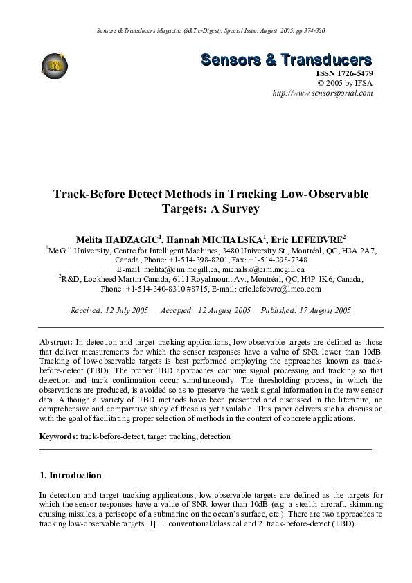 (PDF) Track-Before Detect Methods in Tracking Low-Observable Targets: A ...