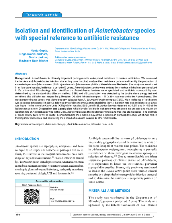 (PDF) Isolation and identification of Acinetobacter species with ...