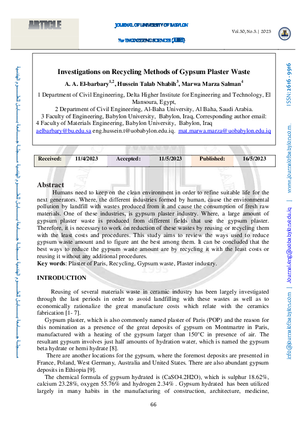 (PDF) Investigations on Recycling Methods of Gypsum Plaster Waste