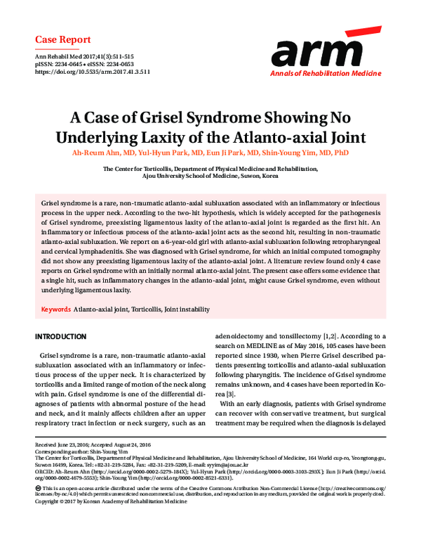 (PDF) A Case of Grisel Syndrome Showing No Underlying Laxity of the Atlanto-axial Joint