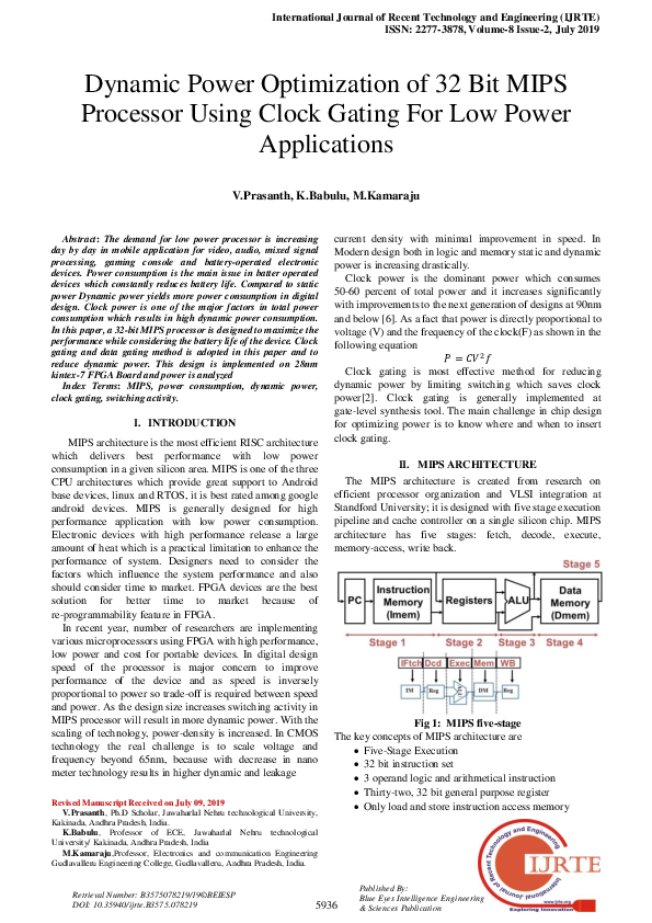 Pdf Dynamic Power Optimization Of 32 Bit Mips Processor Using Clock Gating For Low Power