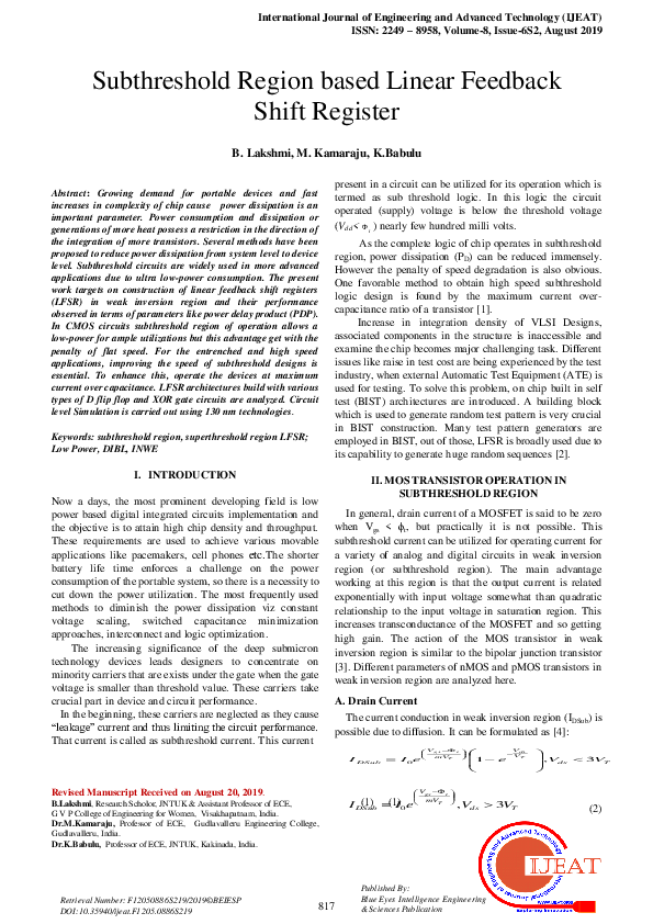 (PDF) Subthreshold Region based Linear Feedback Shift Register
