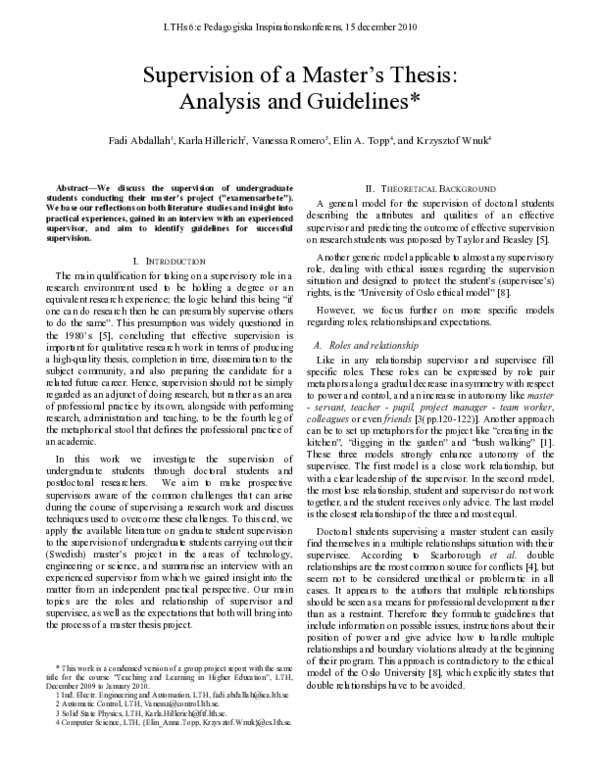 (PDF) Supervision of a Master’s Thesis: Analysis and Guidelines