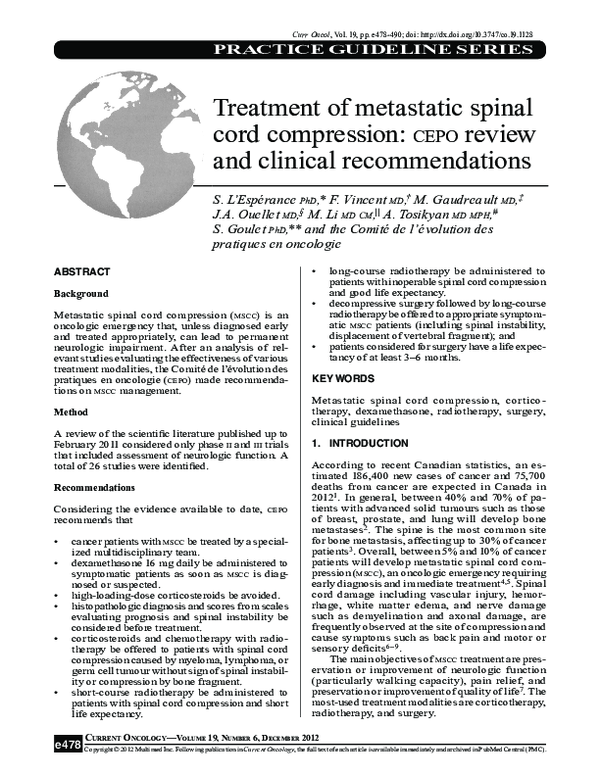(PDF) Treatment of Metastatic Spinal Cord Compression: cepo Review and Clinical Recommendations