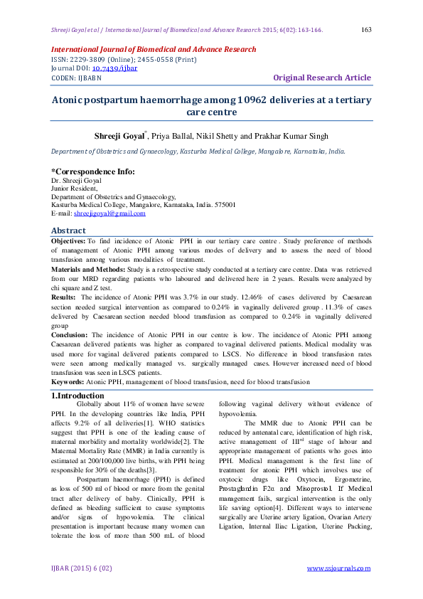 (PDF) Incidence and Management of Atonic PPH in Deliveries
