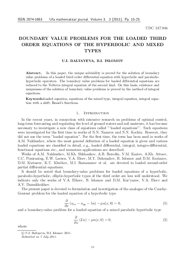 (PDF) BOUNDARY VALUE PROBLEMS FOR THE LOADED THIRD ORDER EQUATIONS OF THE HYPERBOLIC AND MIXED TYPES