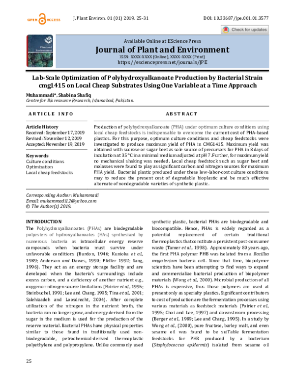 (PDF) Lab-Scale Optimization of Polyhydroxyalkanoate Production by ...
