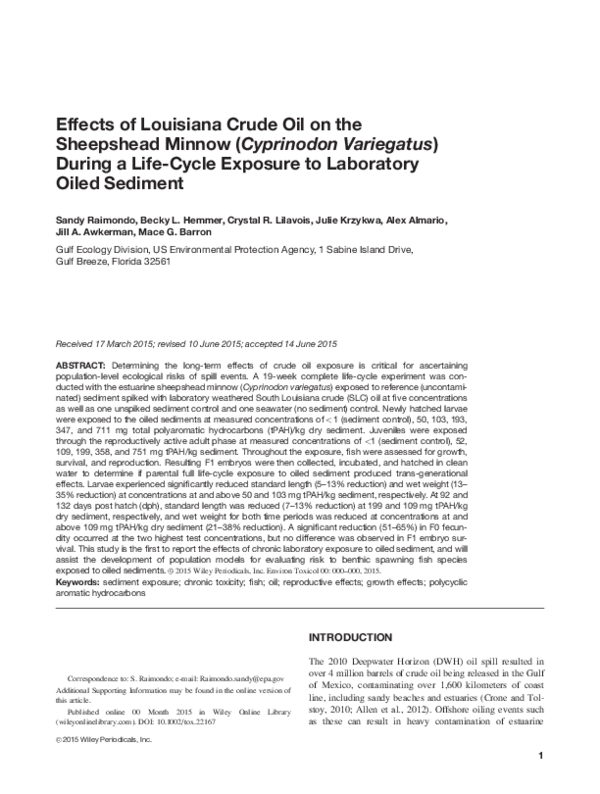 (PDF) Effects of Louisiana crude oil on the sheepshead minnow ...