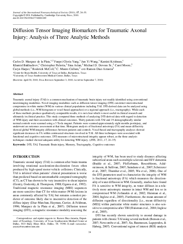 (PDF) Diffusion Tensor Imaging Biomarkers for Traumatic Axonal Injury ...