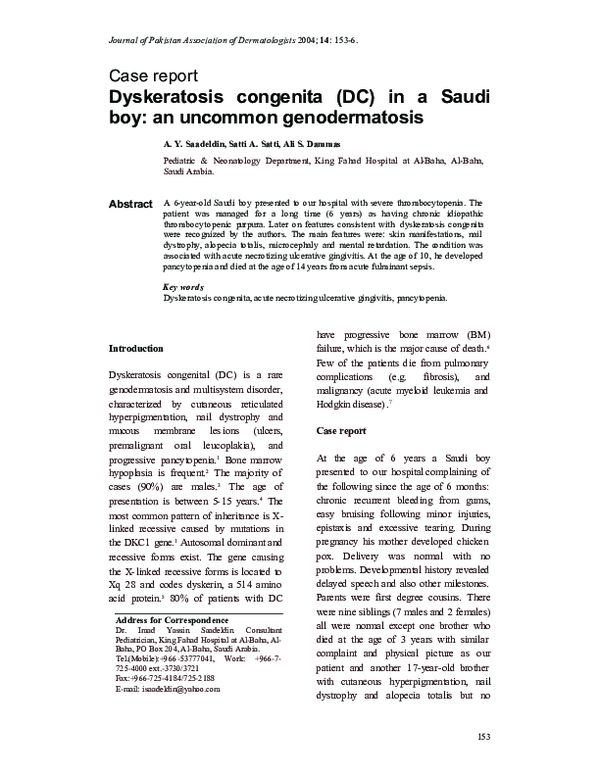 (PDF) Dyskeratosis congenita (DC) in a Saudi boy: an uncommon ...