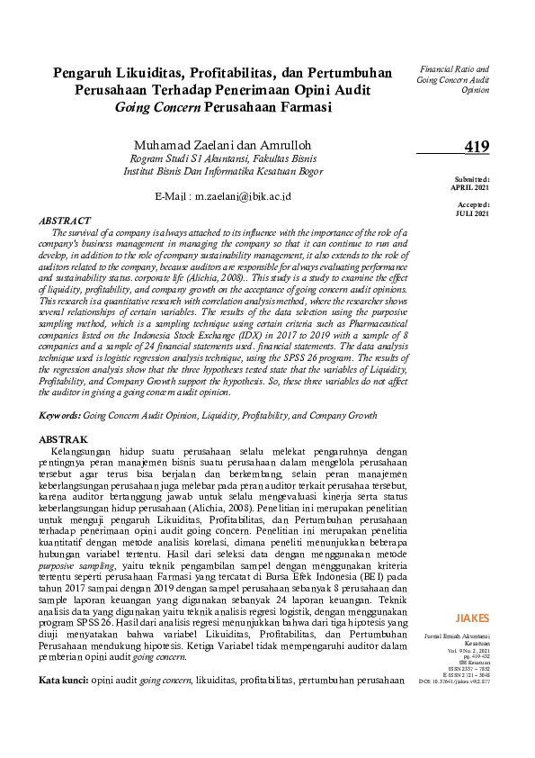 (PDF) Pengaruh Likuiditas, Profitabilitas, Dan Pertumbuhan Perusahaan Terhadap Penerimaan Opini ...