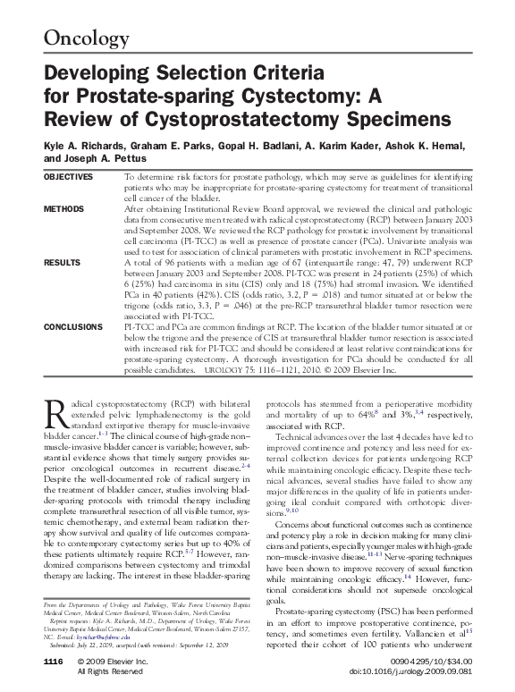 (PDF) Developing Selection Criteria for Prostate-sparing Cystectomy: A ...