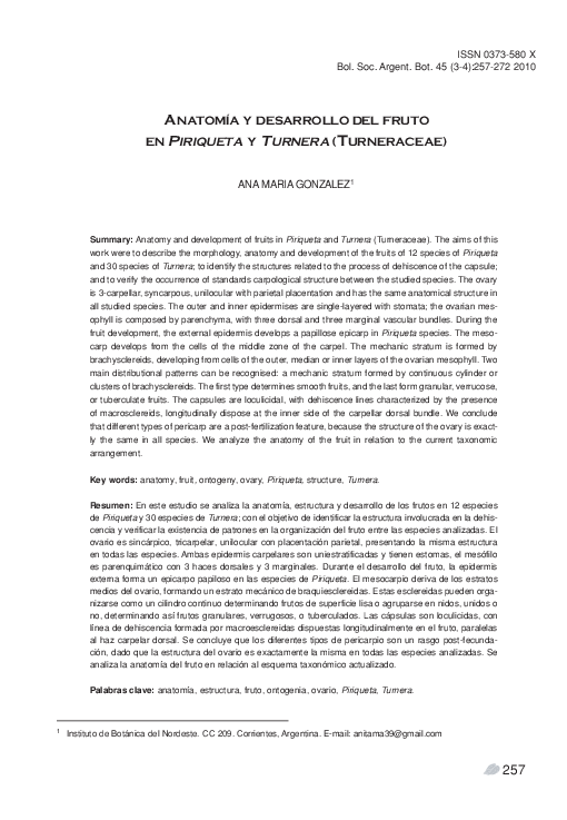 (PDF) Anatomía y desarrollo del fruto en Piriqueta y Turnera (Turneraceae)