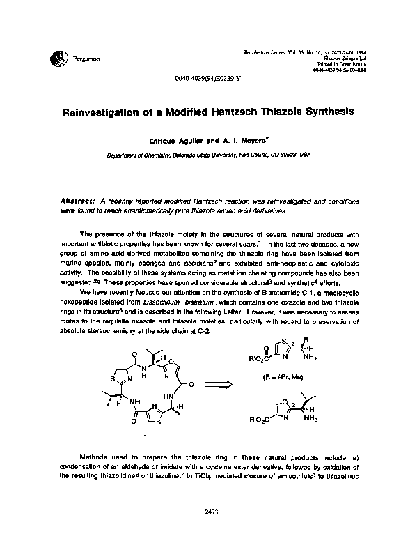 (PDF) Reinvestigation of a modified Hantzsch thiazole synthesis