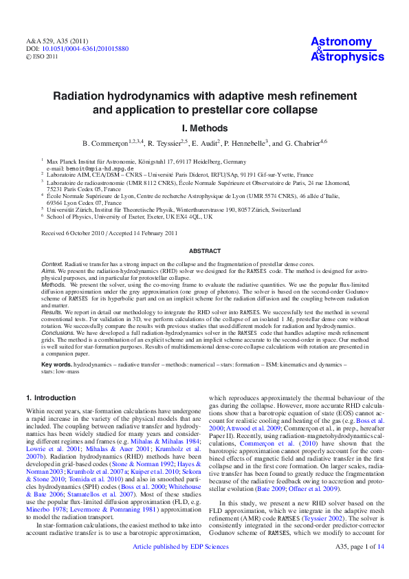 (PDF) Radiation hydrodynamics with adaptive mesh refinement and application to prestellar core ...