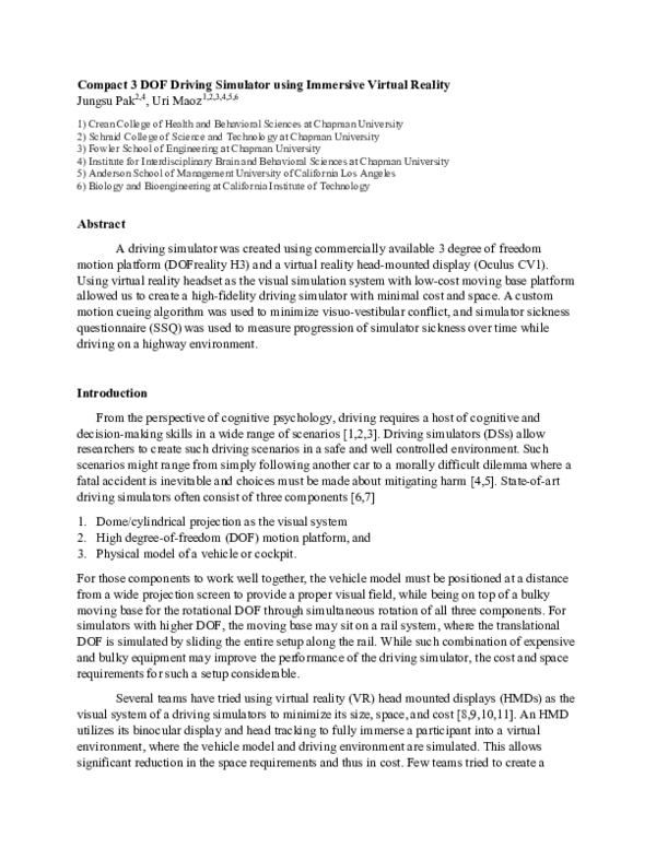 (PDF) Compact 3 DOF Driving Simulator using Immersive Virtual Reality