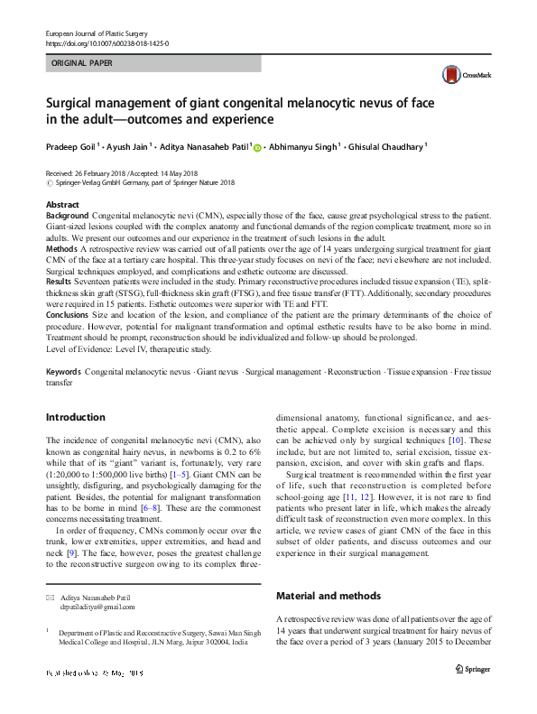 (PDF) Surgical management of giant congenital melanocytic nevus of face ...