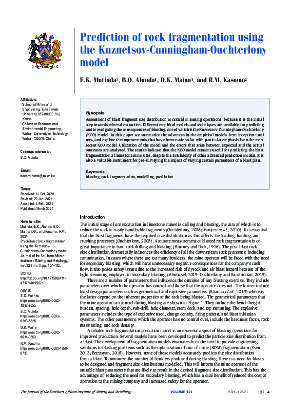 (PDF) Prediction of rock fragmentation using the Kuznetsov-Cunningham-Ouchterlony model