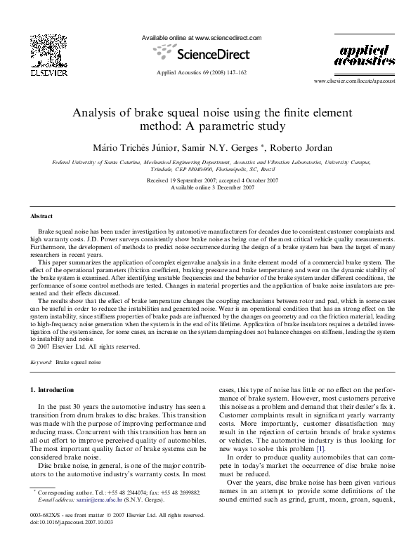 (PDF) Analysis of brake squeal noise using the finite element method: A parametric study