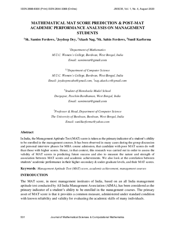 (PDF) Mathematical Mat Score Prediction Post-Mat Academic Performance ...