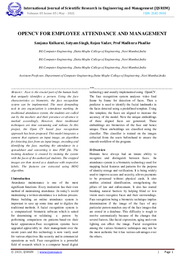 (PDF) Opencv for Employee Attendance and Management