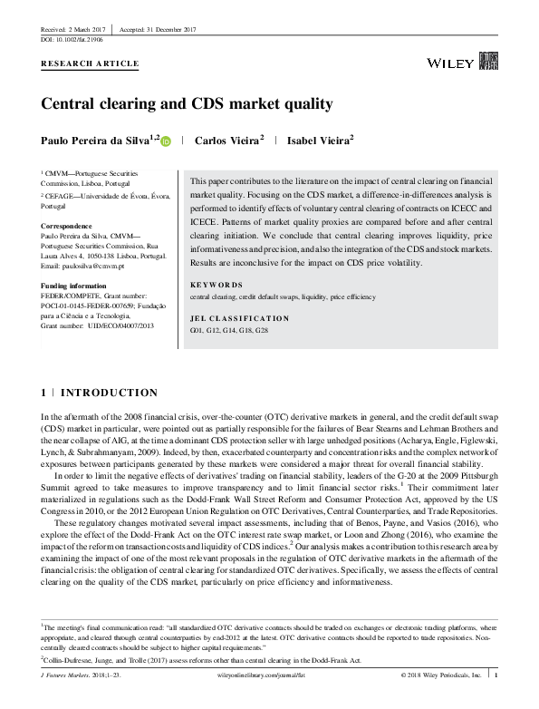 (PDF) Central clearing and CDS market quality