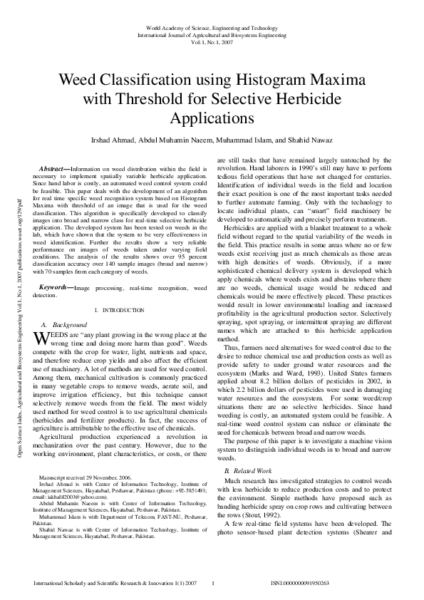 (PDF) Weed Classification Using Histogram Maxima With Threshold For Selective Herbicide Applications