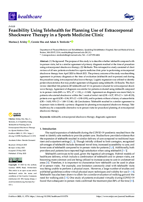 (PDF) Feasibility Using Telehealth for Planning Use of Extracorporeal Shockwave Therapy in a ...