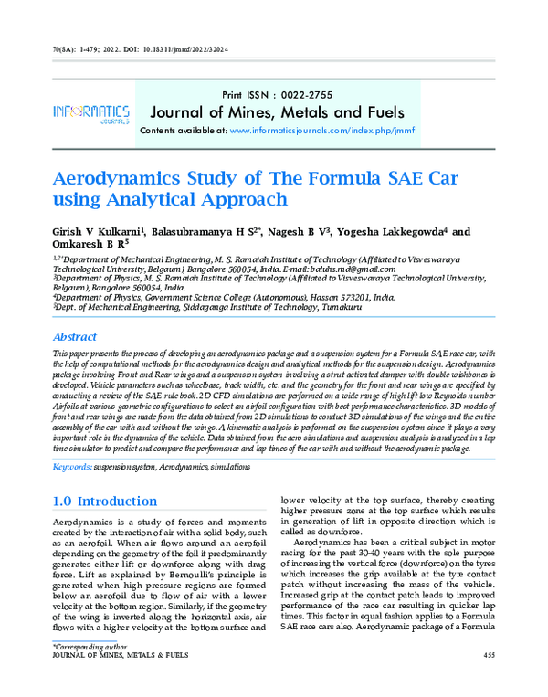 (PDF) Aerodynamics Study of The Formula SAE Car using Analytical Approach