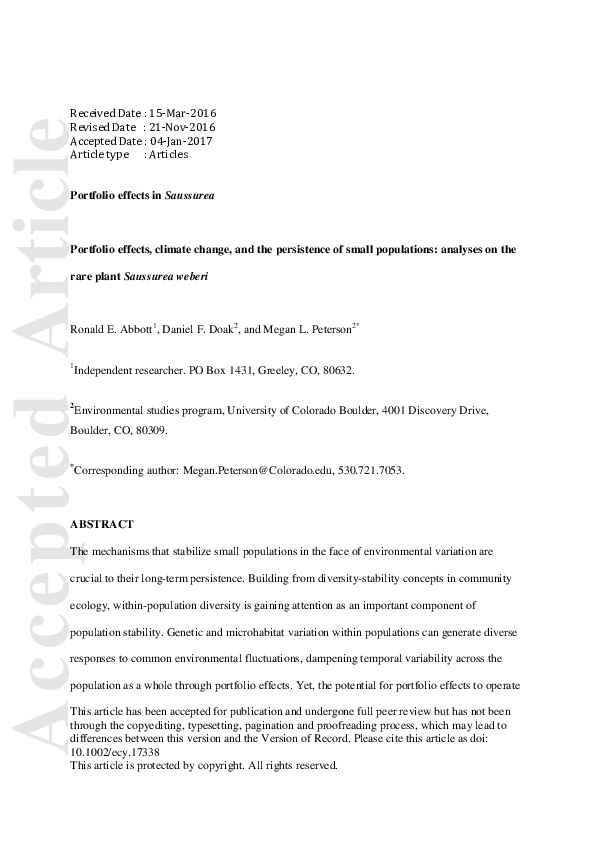 (PDF) Portfolio effects, climate change, and the persistence of small populations: analyses on ...