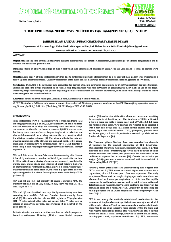 (PDF) Case Study: Carbamazepine-Induced Toxic Epidermal Necrolysis